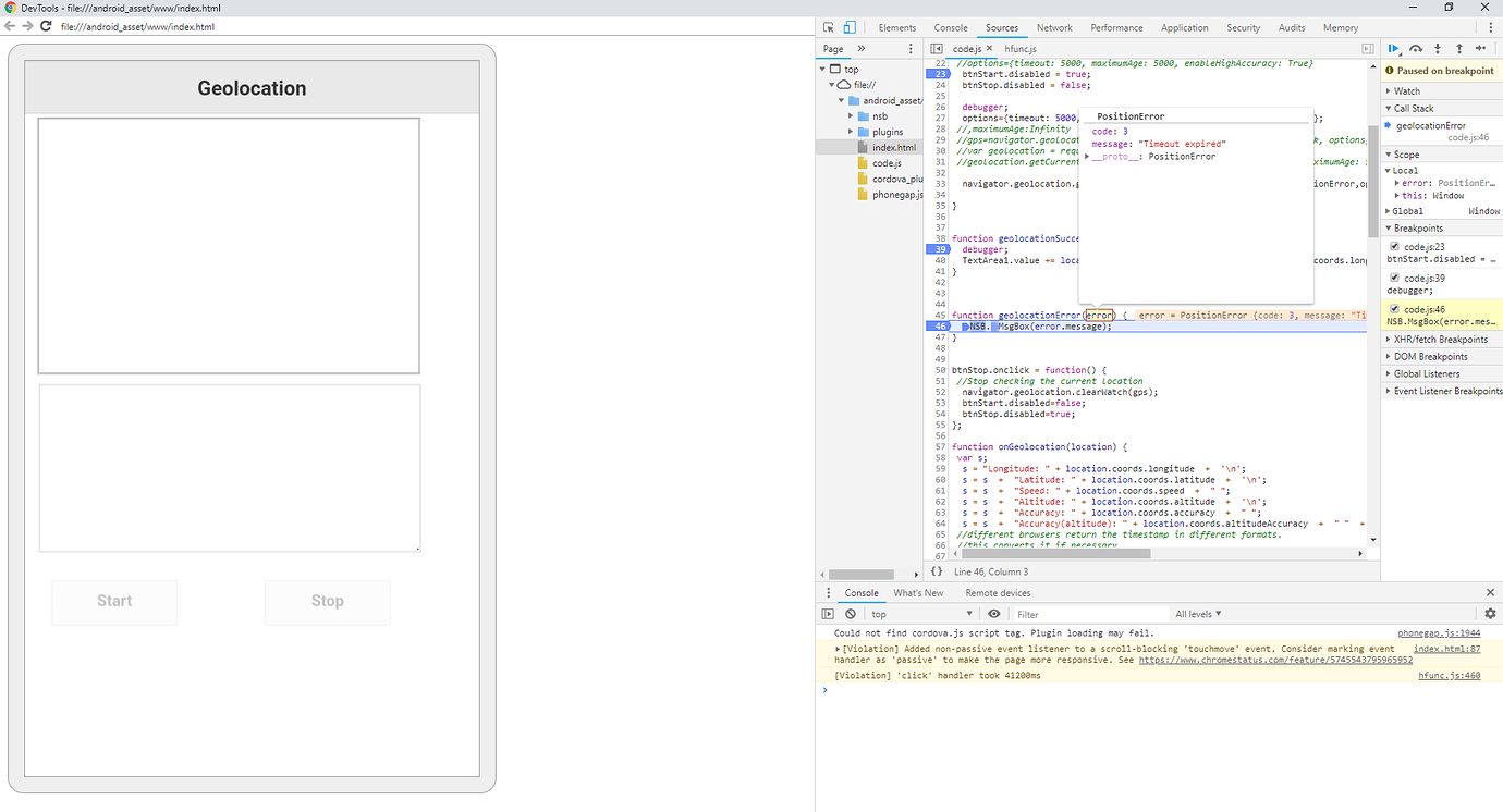 Problem Example Geolocation error Permissions Android Not answered - PhoneGap - AppStudio
