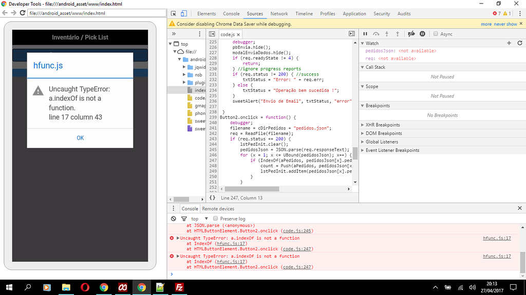 Indexof error when debugging - AppStudio