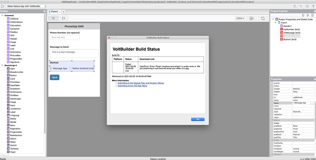Voltbuilder & SMSsend error - VoltBuilder - AppStudio